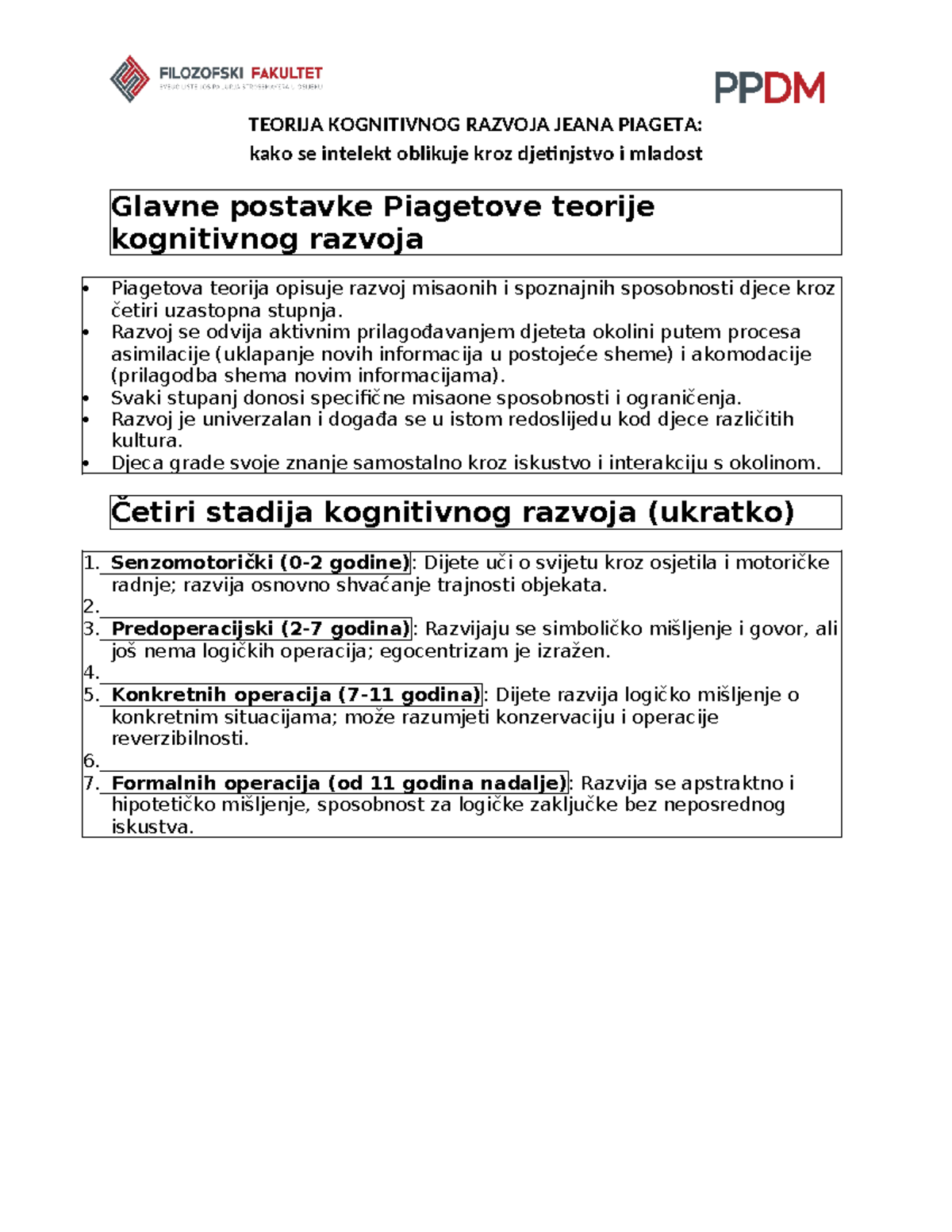 Teorija Kognitivnog Razvoja Jeana Piageta: Pksun Ppdmi - Studocu