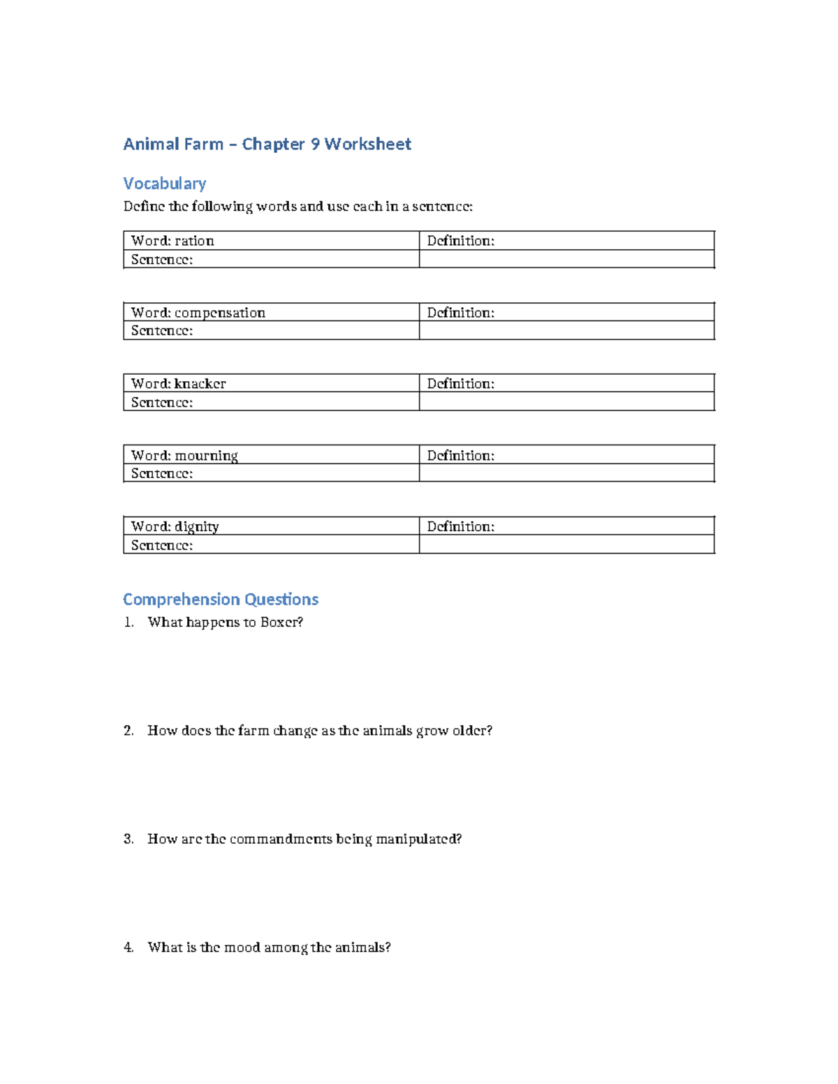 Animal Farm Chapter 9 Enhanced Worksheet - Animal Farm – Chapter 9 ...