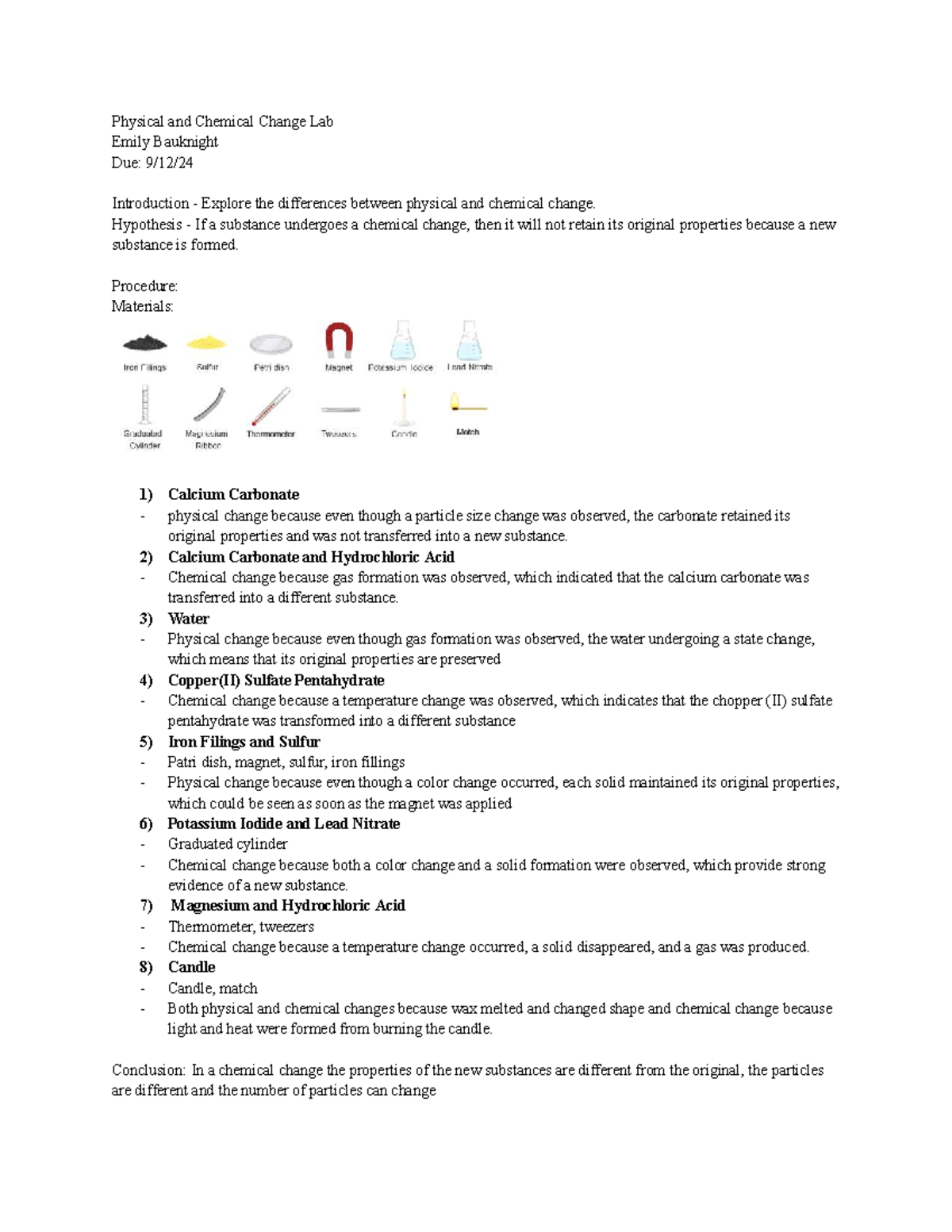 Chemistry lab - n/a - Physical and Chemical Change Lab Emily Bauknight ...