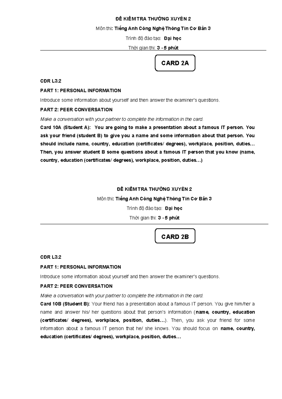 ĐỀ KIỂM TRA THƯỜNG XUYÊN 2 - Tiếng Anh CNTT Cơ Bản 3 - Speaking Card 2 ...