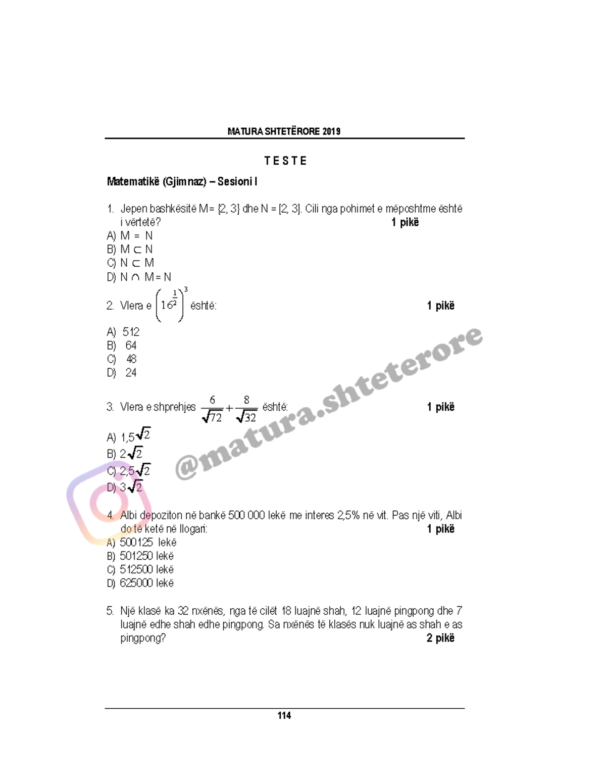 Matematika Gjimnaz Matura Shtetërore 2019 - Testi Sesioni I - Studocu