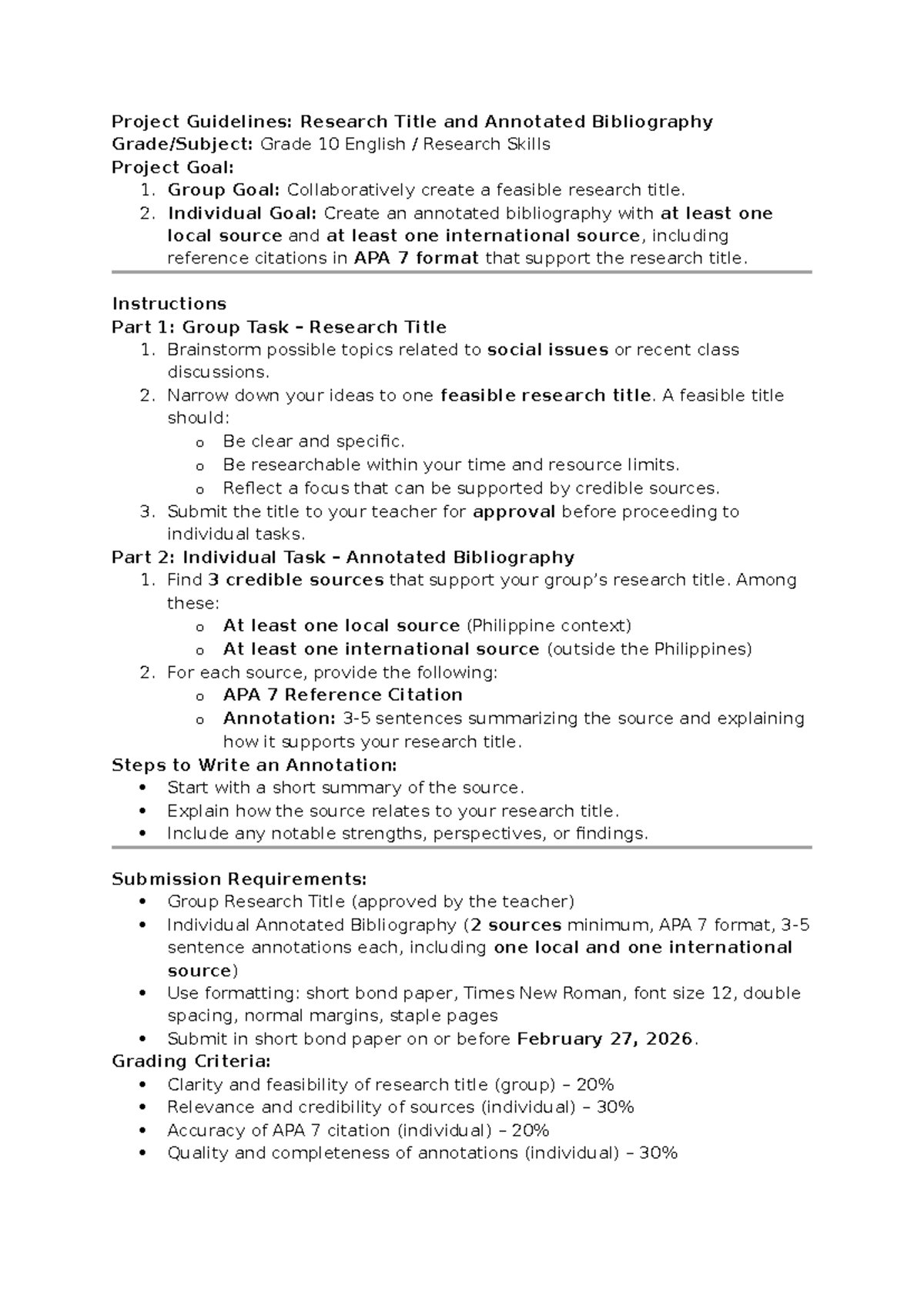 Grade 10 English Research Skills: Project Guidelines & Annotated ...