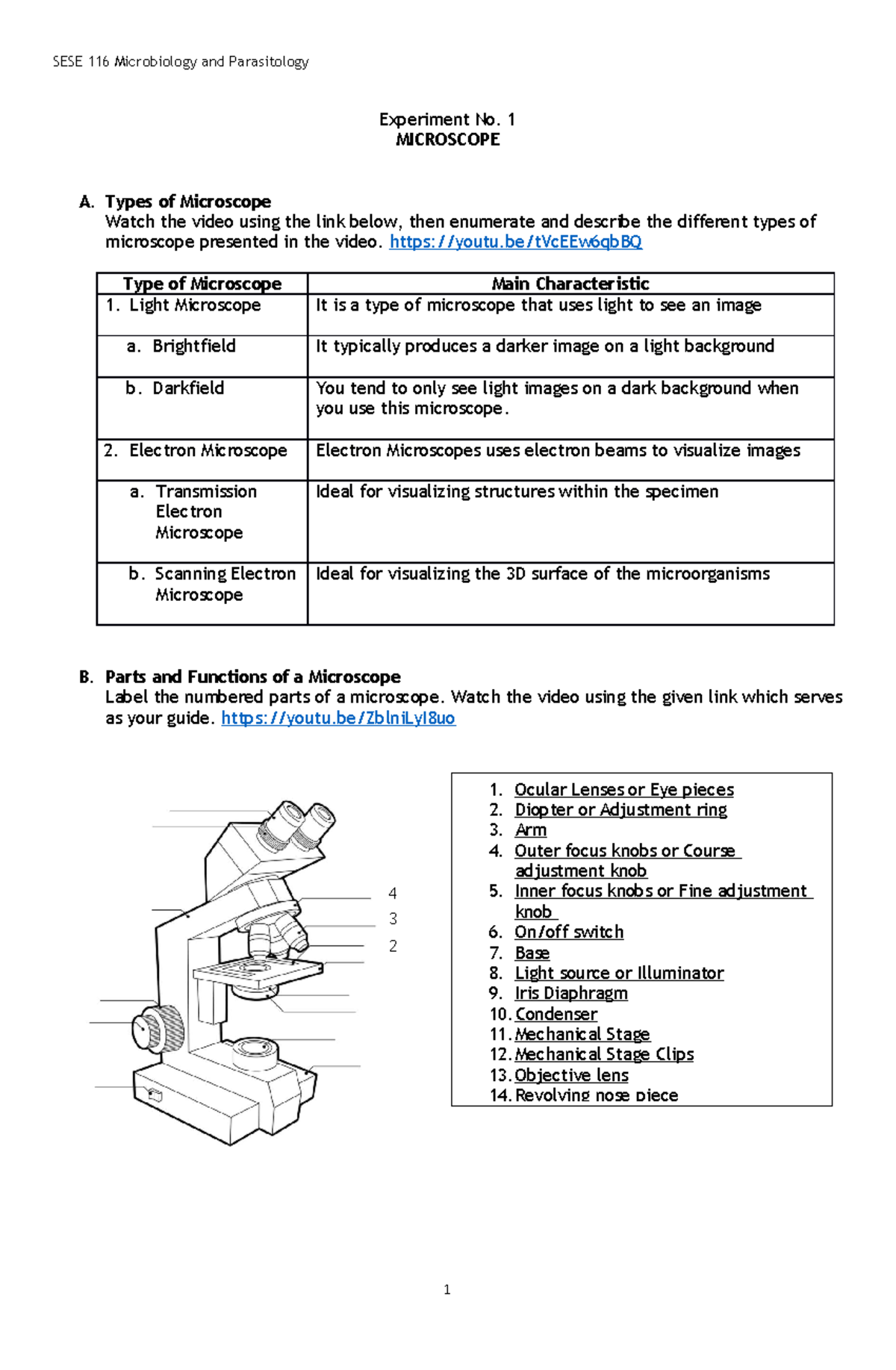 Experiment No. 1 Microscope - SESE 116 Microbiology and Parasitology Experiment No. 1 MICROSCOPE ...