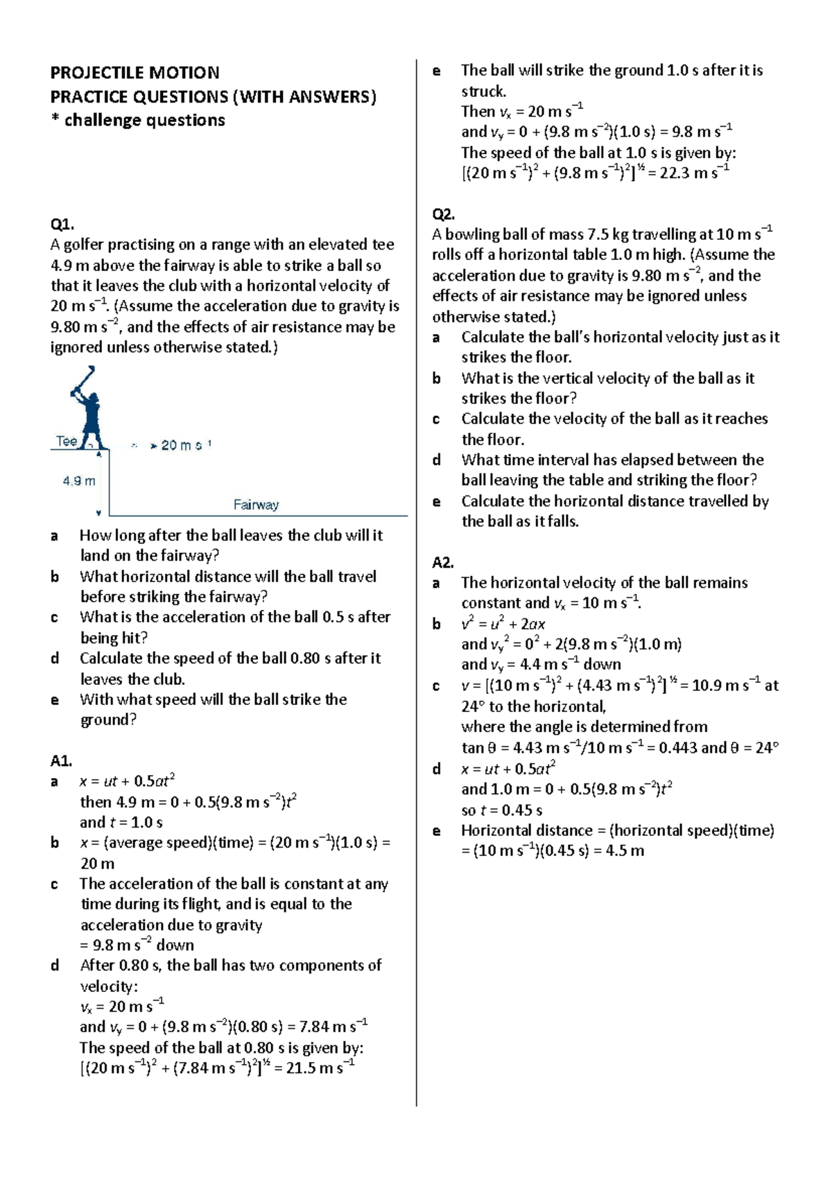 Projectile Motion Practice Questions WIT-1 - PROJECTILE MOTION PRACTICE ...