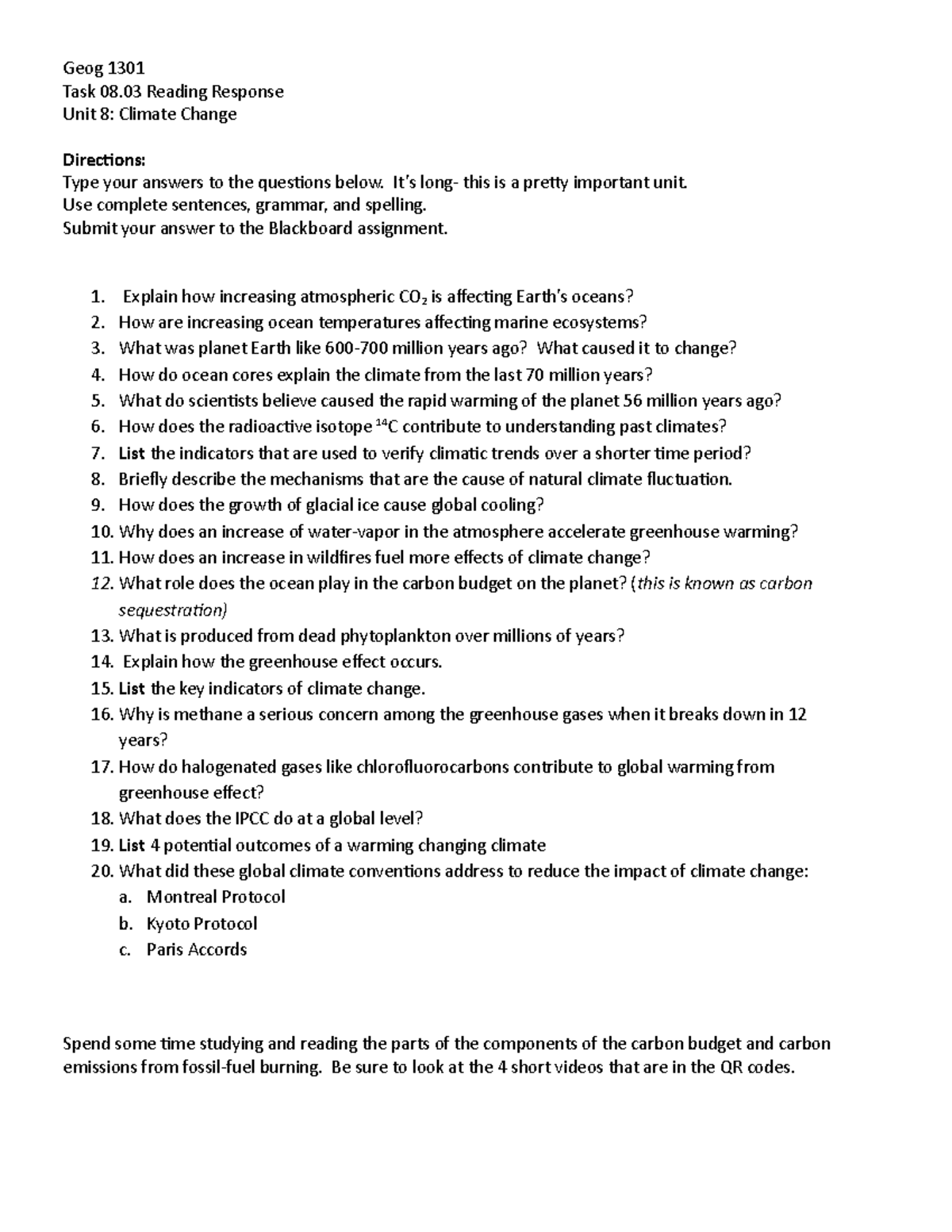 Geog 1301 Task 08.03: Reading Response on Climate Change Impacts - Studocu
