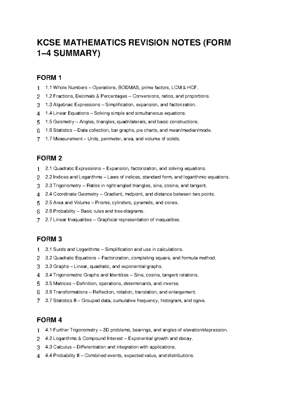 KCSE Mathematics Revision Notes: Comprehensive Summary for Forms 1-4 ...