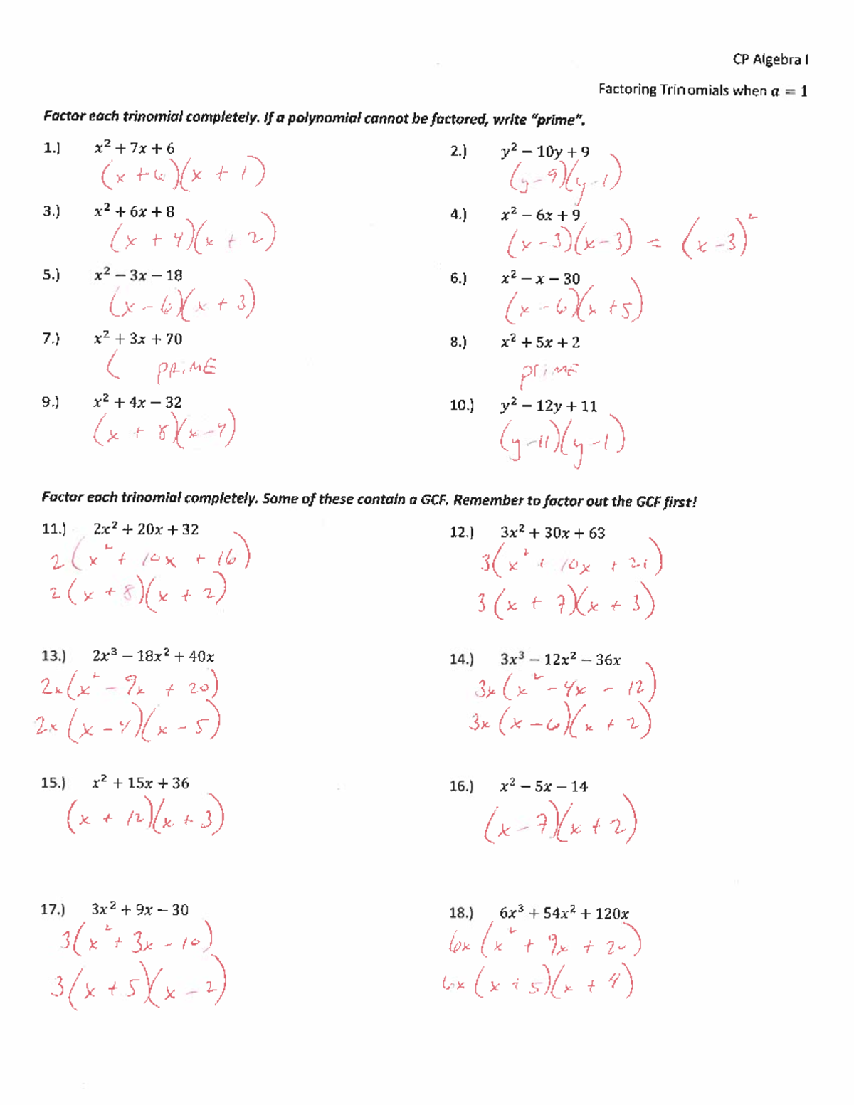 Factoring Trinomials when a1 answer key - CP Algebra I Factoring ...