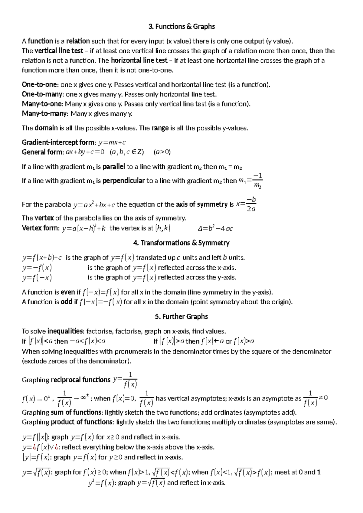 Ext 1 Year 11 Functions and Graphs Study Notes - Studocu