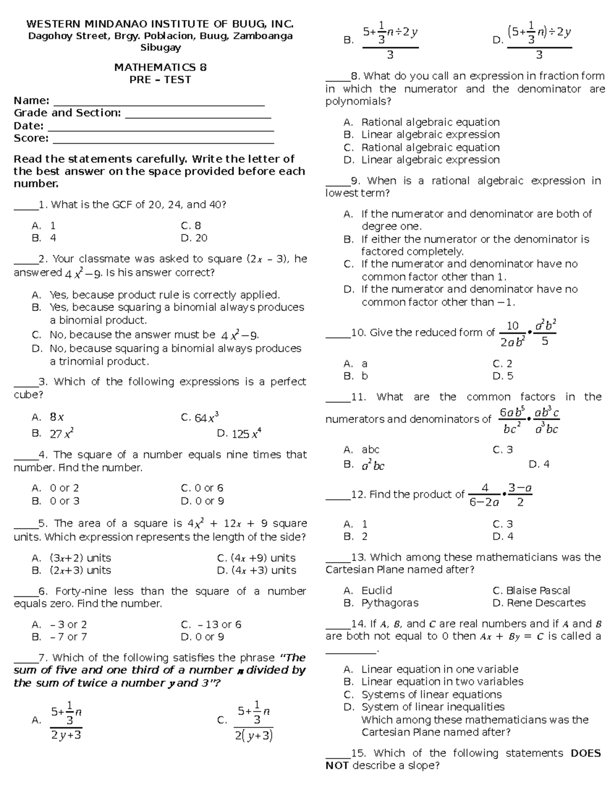 Grade 8 Math 8 Pre-Test for First Quarter Exam - Studocu