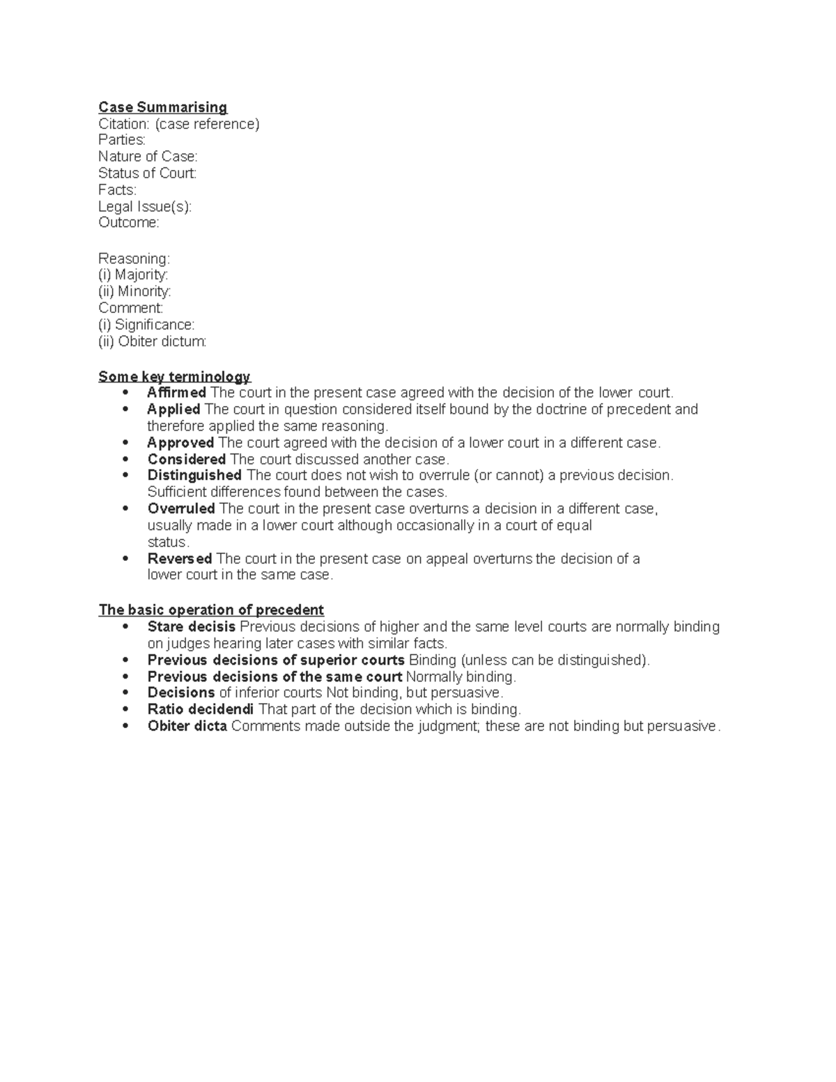 Case Summarizing Template - Case Summarising Citation: (case reference ...