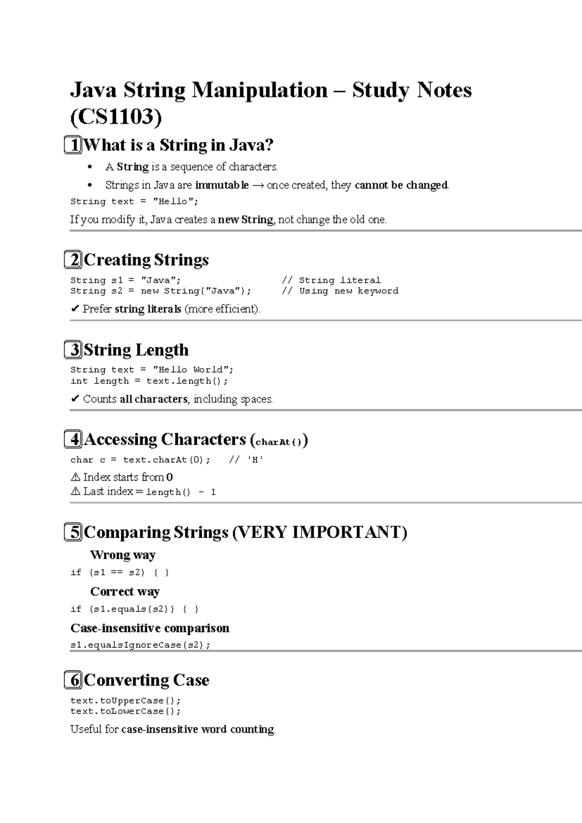 Java String Manipulation Study Notes (CS1103) - Studocu