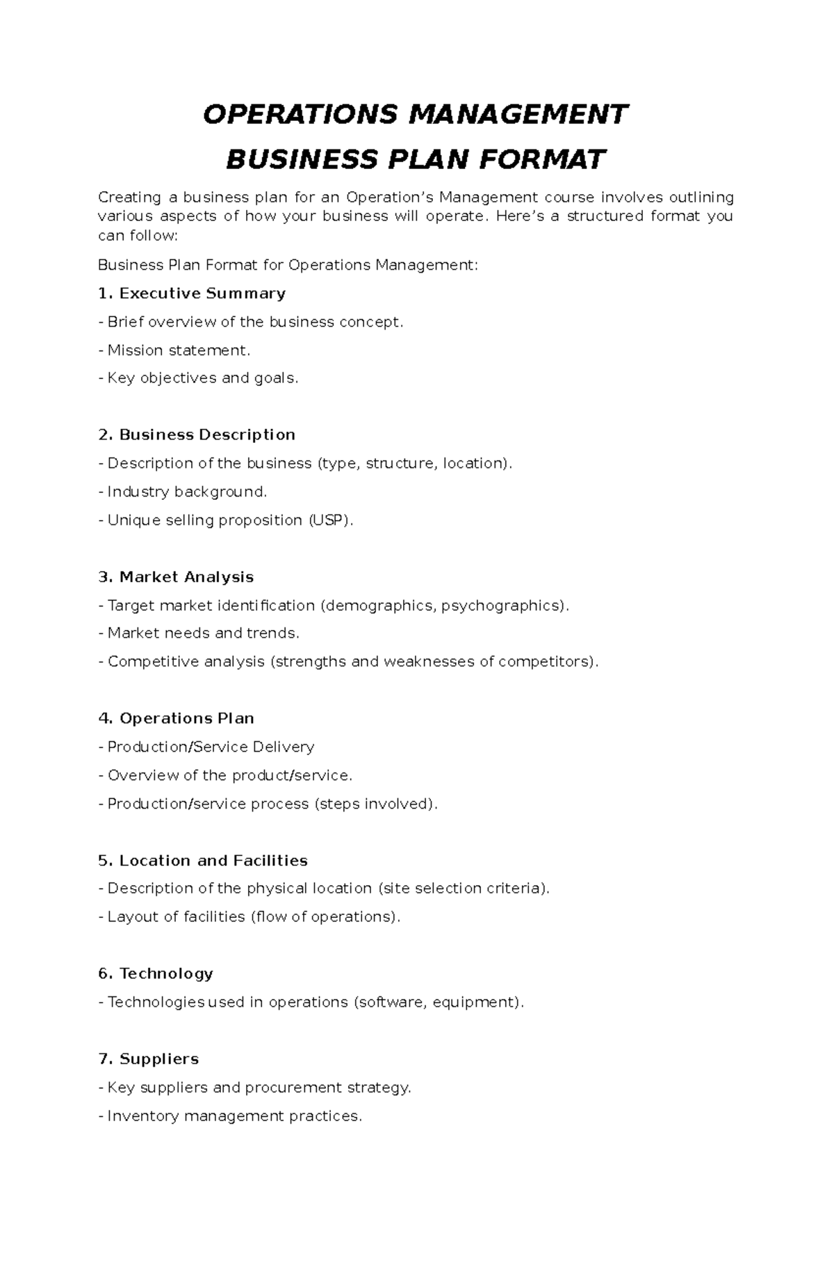 OM 101: Business Plan Format for Operations Management - Studocu
