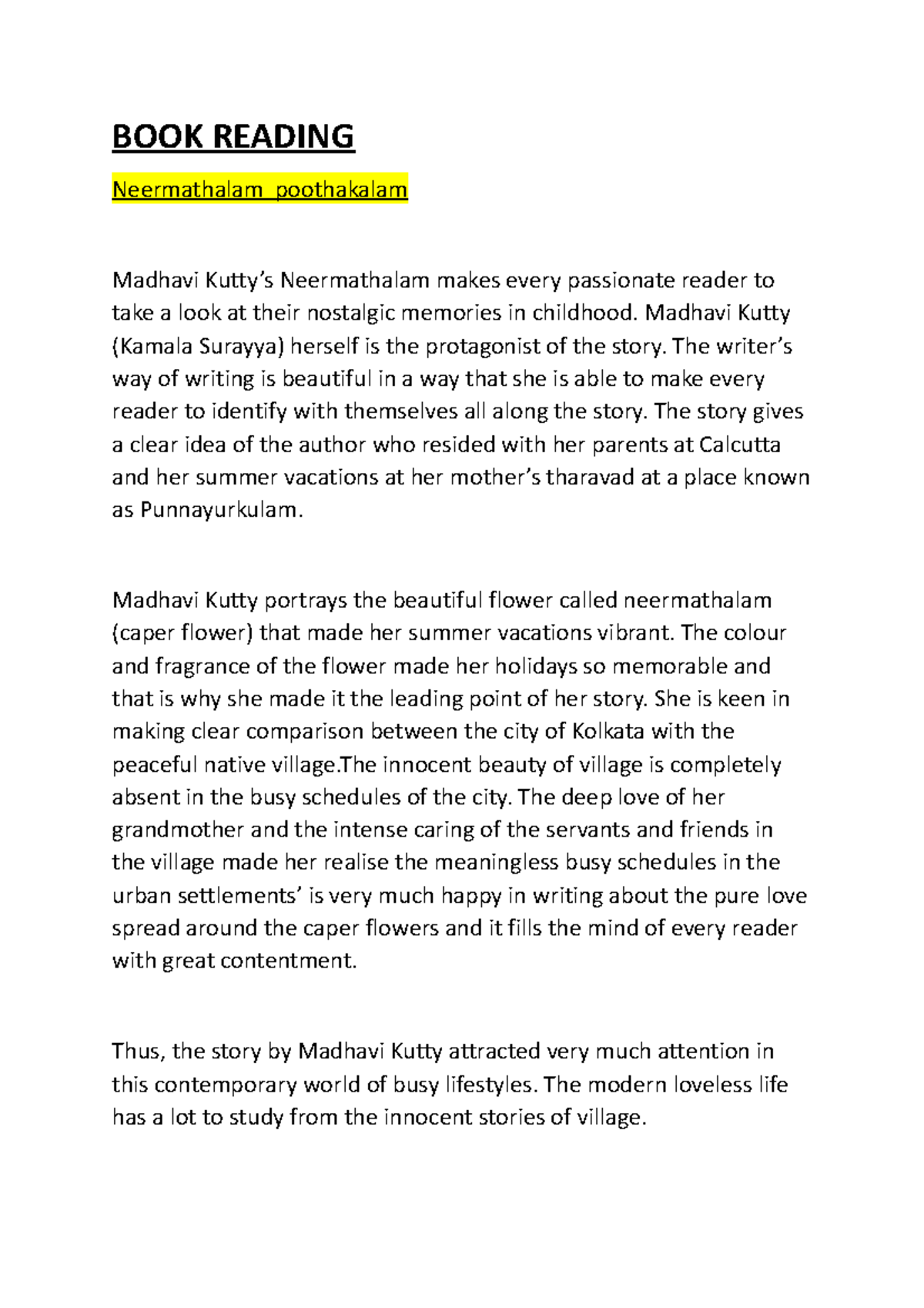 NEERMATHALAM POOTHAKALAM: A Reflection on Childhood Nostalgia - Studocu