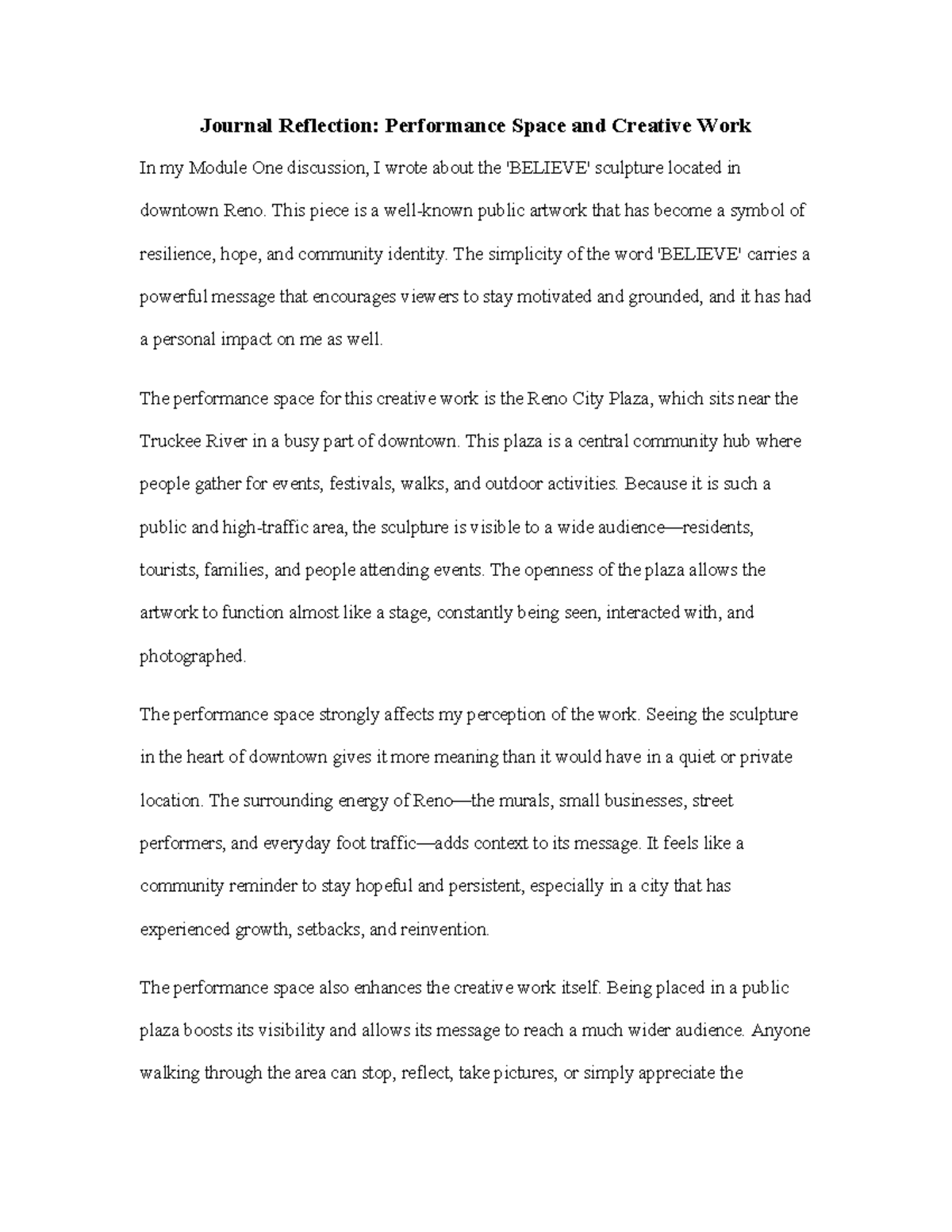 HUM260 Journal Reflection: Impact of Public Art in Reno - Studocu