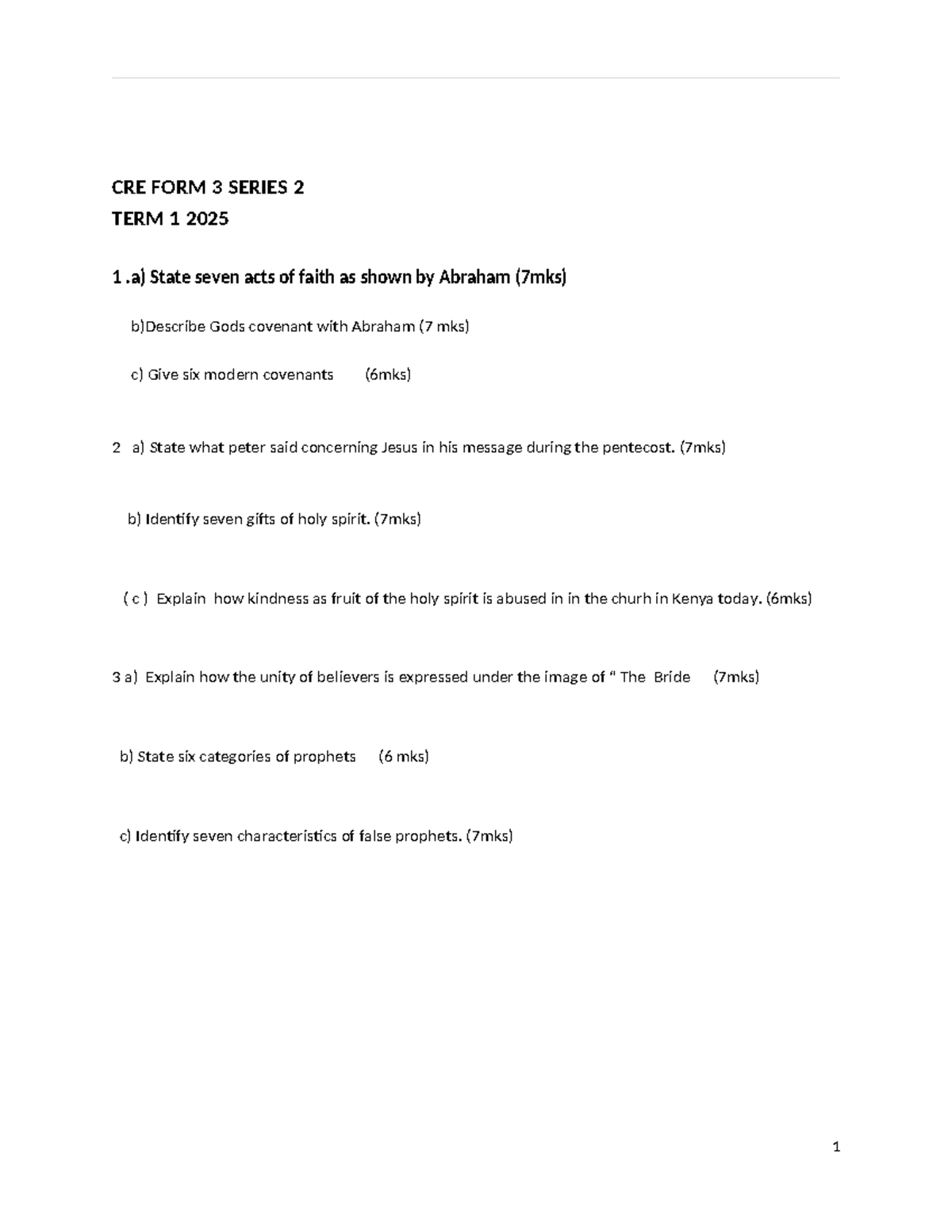 CRE FORM 3 SERIES 2 TERM 1 2025: Faith, Covenants, and Prophets - Studocu