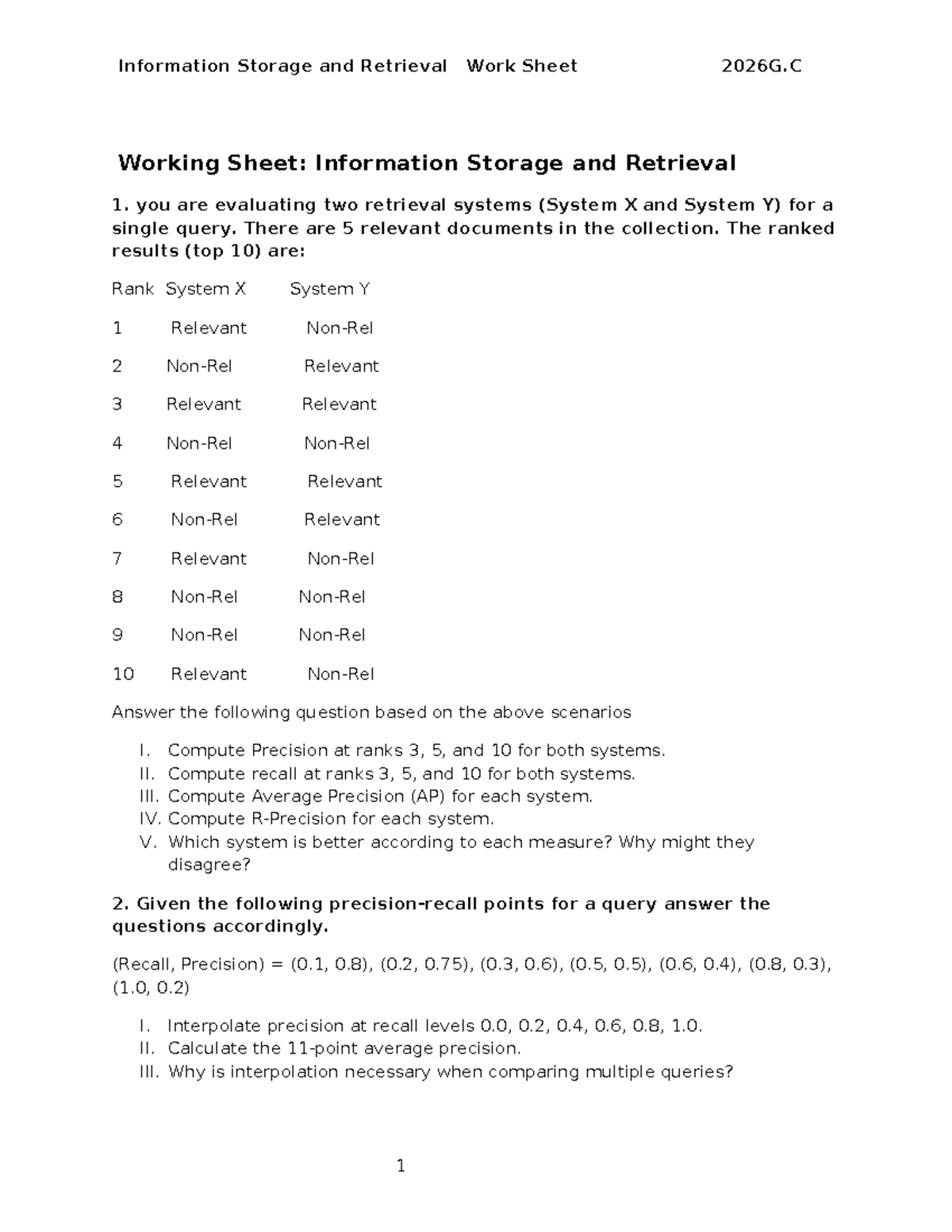 Information Storage and Retrieval Worksheet 2026G.C: Evaluation of ...