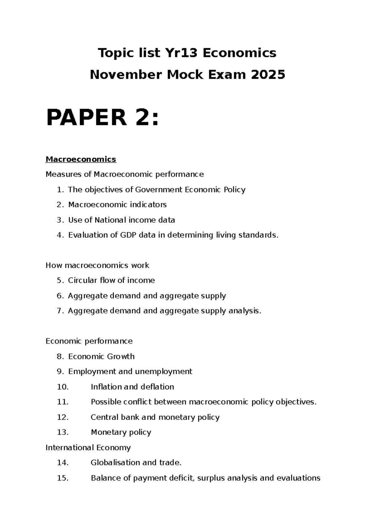 Yr13 Economics Nov Mock Exam 2025: Macroeconomics Topics List - Studocu