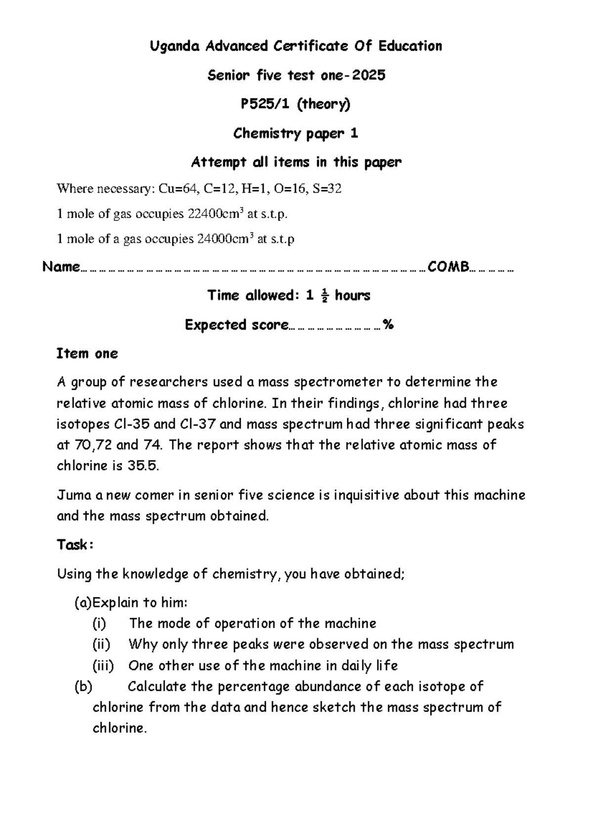 S5 EOT 1 Chem 2025 - Mass Spectrometry & Isotope Abundance Analysis ...