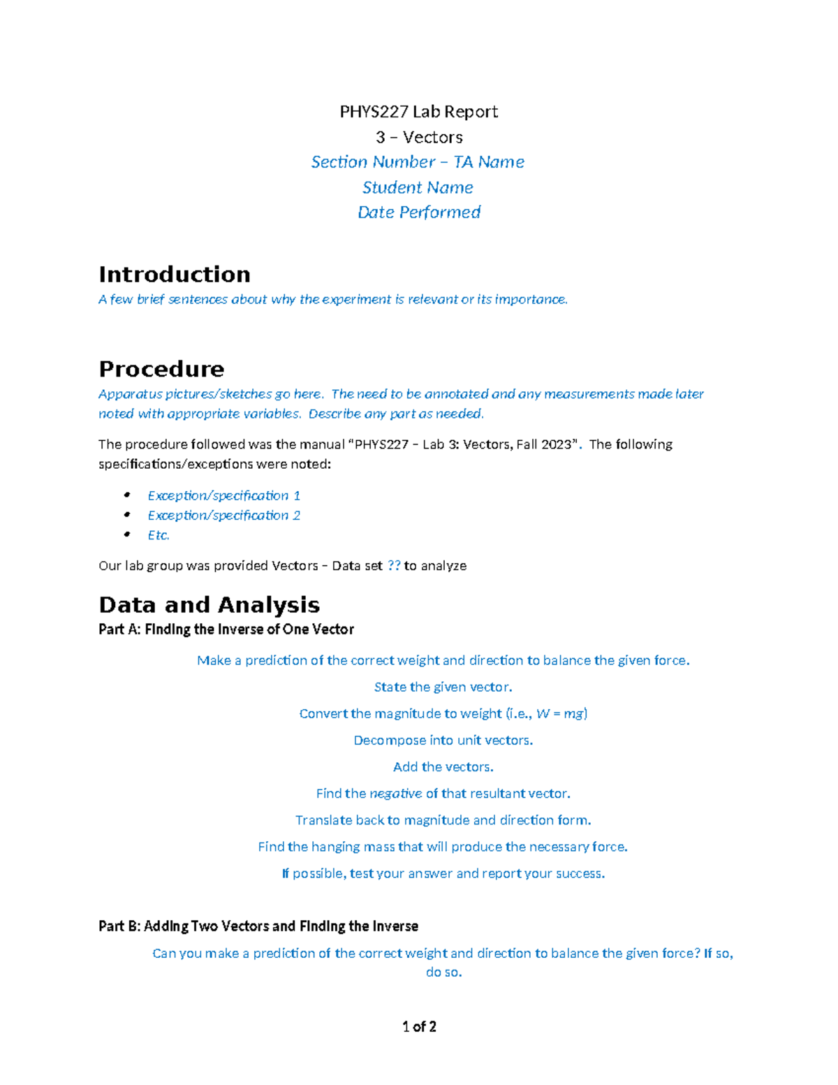 PHYS227 Lab Report Template 3: Vectors & Procedures for Analysis - Studocu