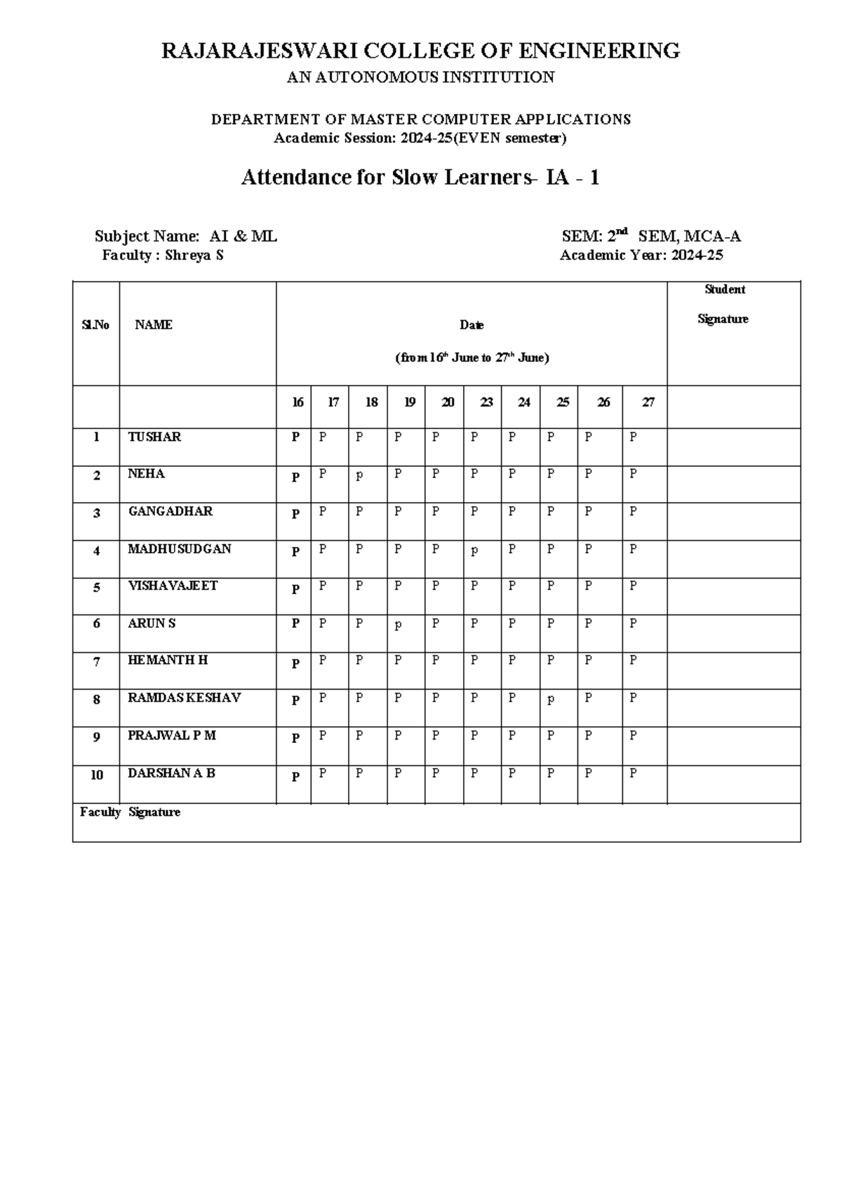 Attendance Record for Remedial Classes IA 1 - AI ML (2nd SEM) - Studocu