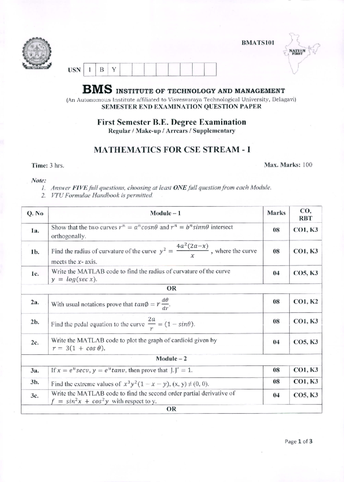 Bmats 101 1 - first module of mathematics for 1st year computer science engineering students ...