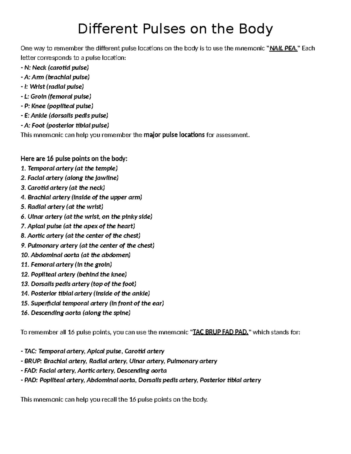 Head-to-Toe Assessment: Pulse Locations Study Guide for Success - Studocu