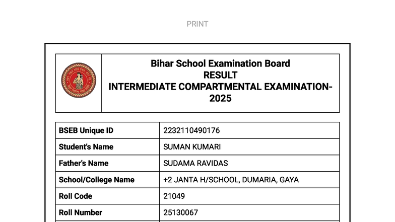 Server - 1 BSEB Marksheet - PRINT Bihar School Examination Board RESULT ...