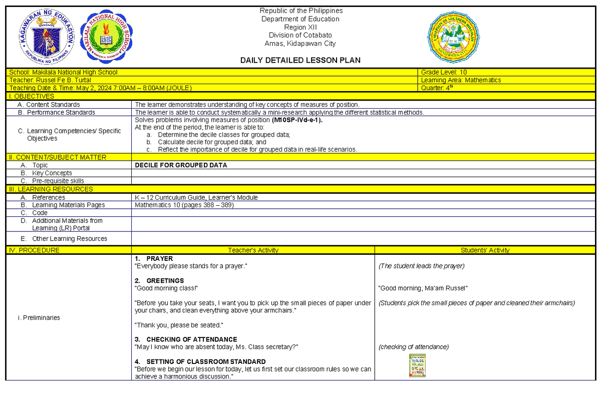 Decile FOR Grouped DATA - Republic of the Philippines Department of ...