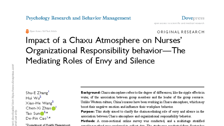 Impact of Chaxu Atmosphere on Nurses' Org. Responsibility: Envy ...
