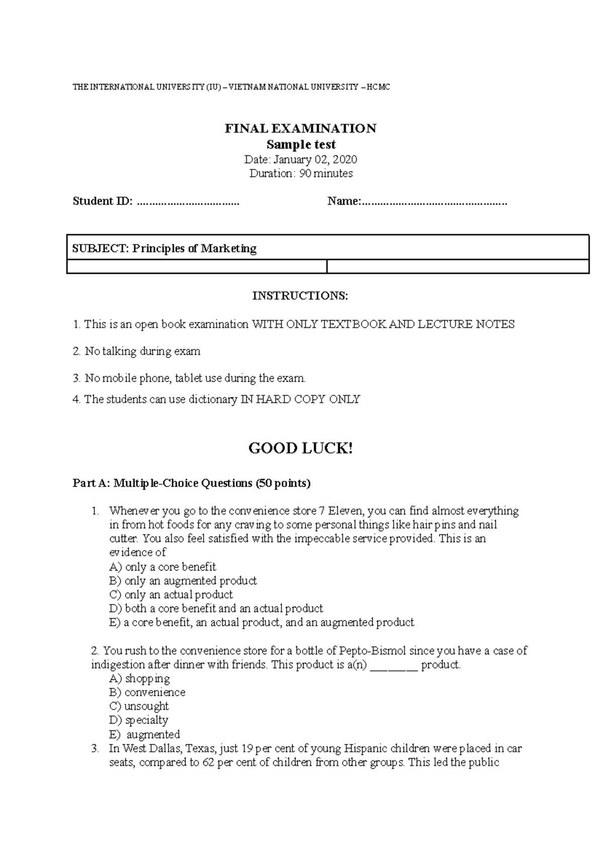 IU Vietnam National University Principles of Marketing Final Exam ...