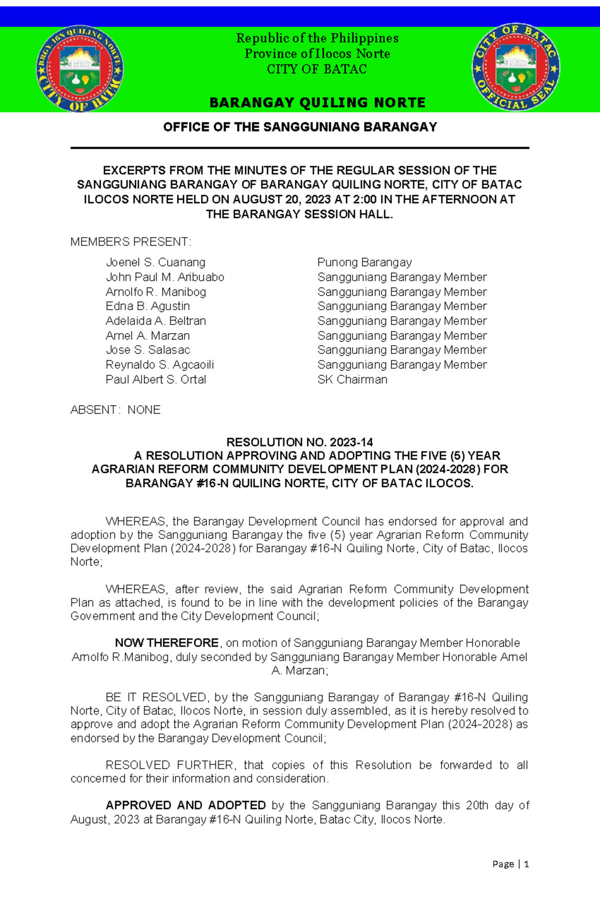 Barangay Resolution No. 2023-14: Approval of 5-Year Agrarian Plan - Studocu