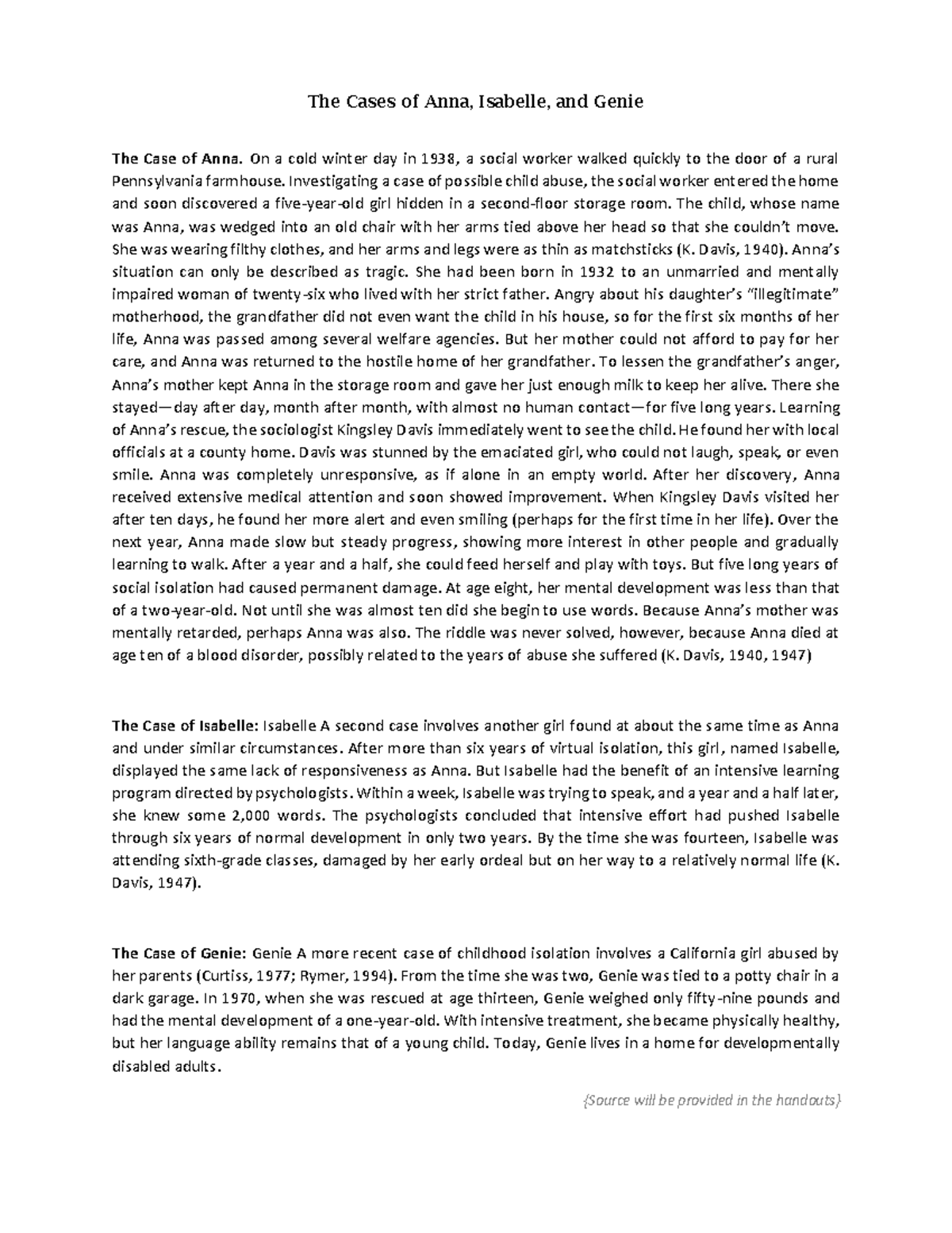 The Cases of Anna, Isabelle, and Genie - On a cold winter day in 1938 ...