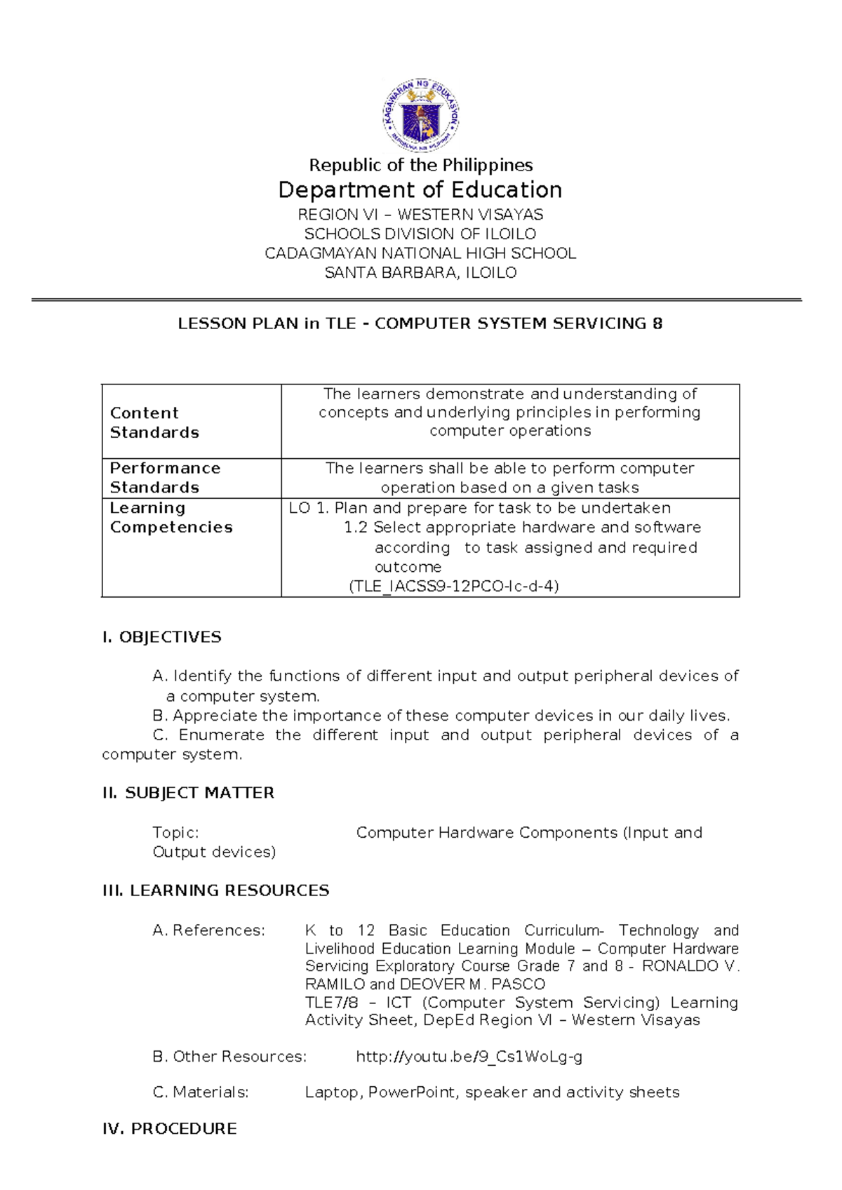 Lesson Plan in TLE - CSS 8: Understanding Computer Hardware Components - Studocu