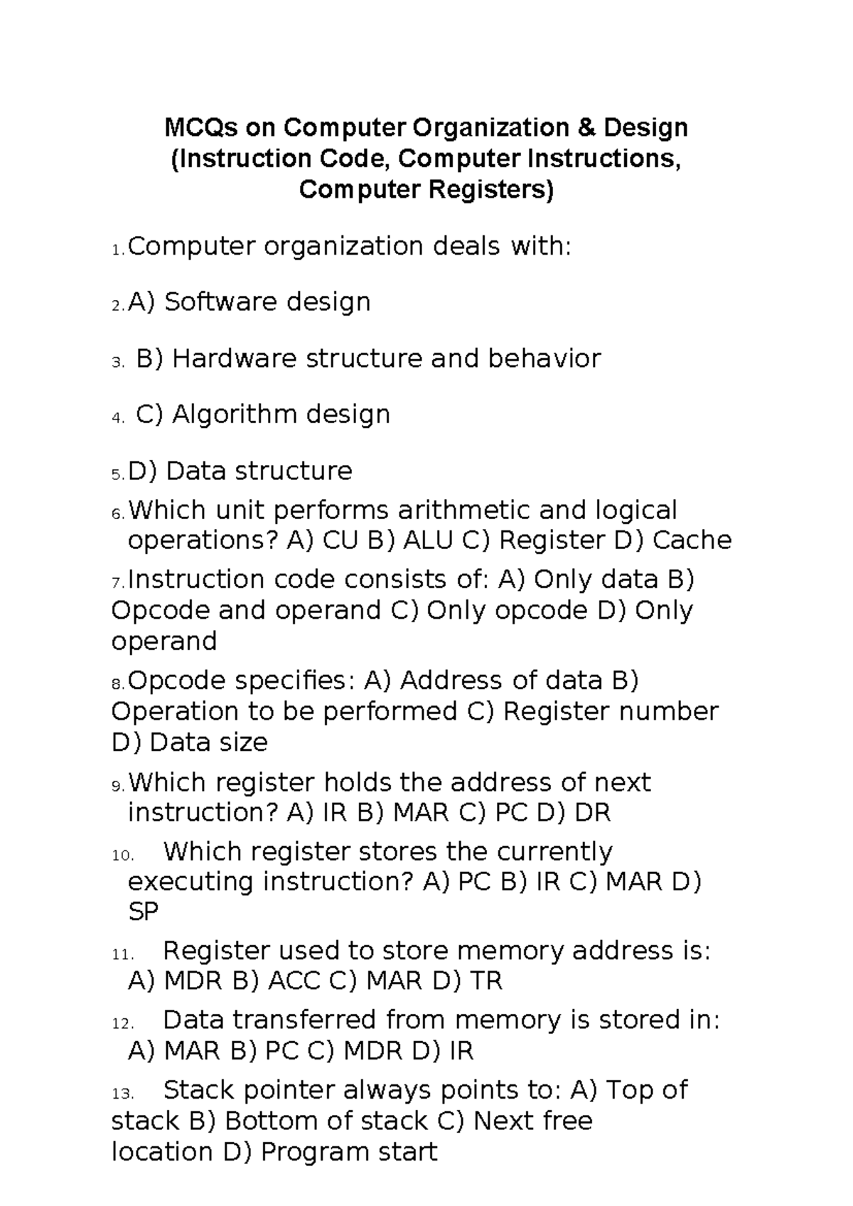MCQs on Computer Organization (CSE 101) - 40 Questions - Studocu