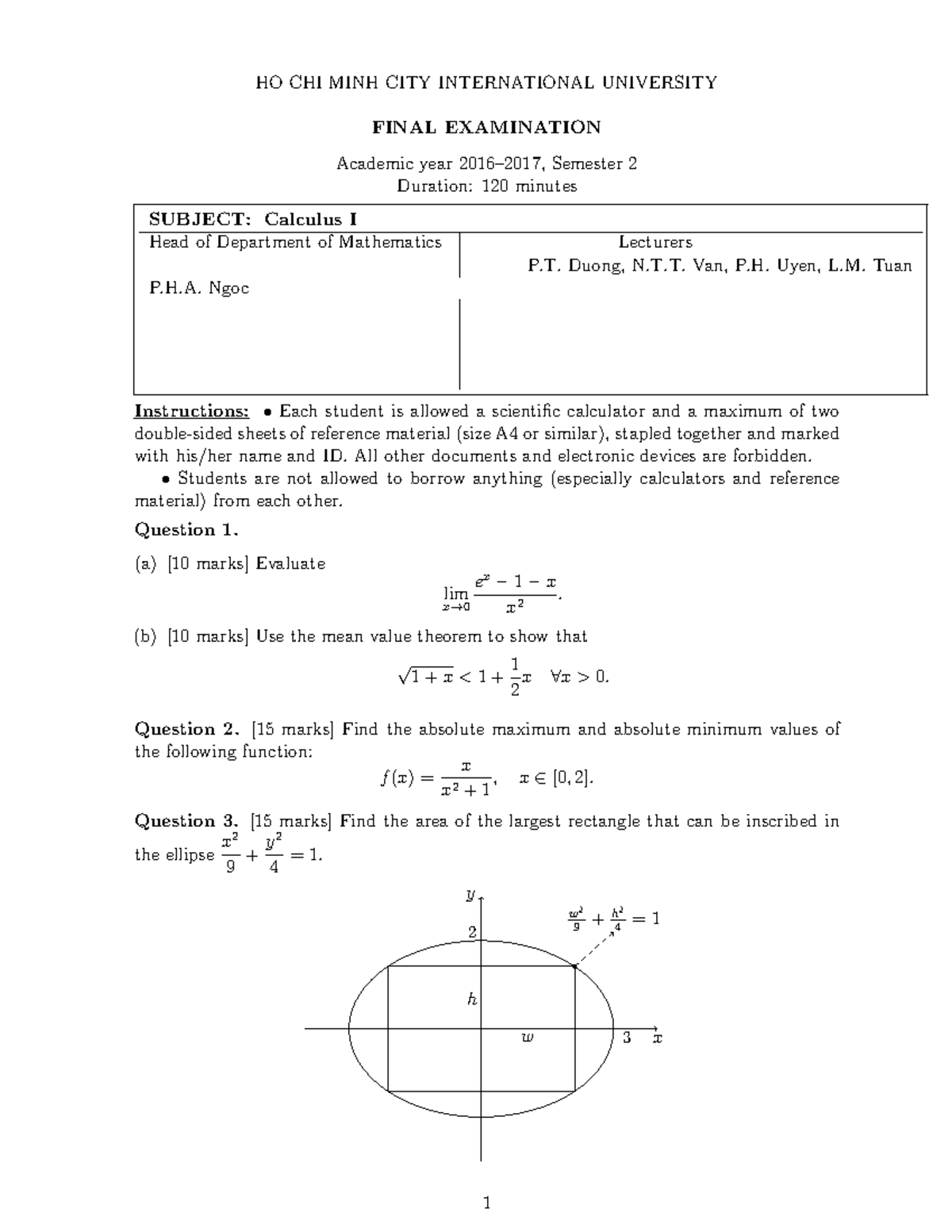 Cal1Final 1617 Sem2 - Calculus I Final Exam Questions - Studocu