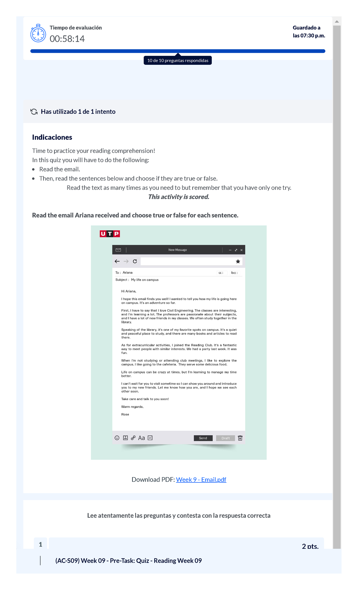(AC-S09) Week 09 - Pre-Task Quiz - Reading Comprehension Assessment - Studocu