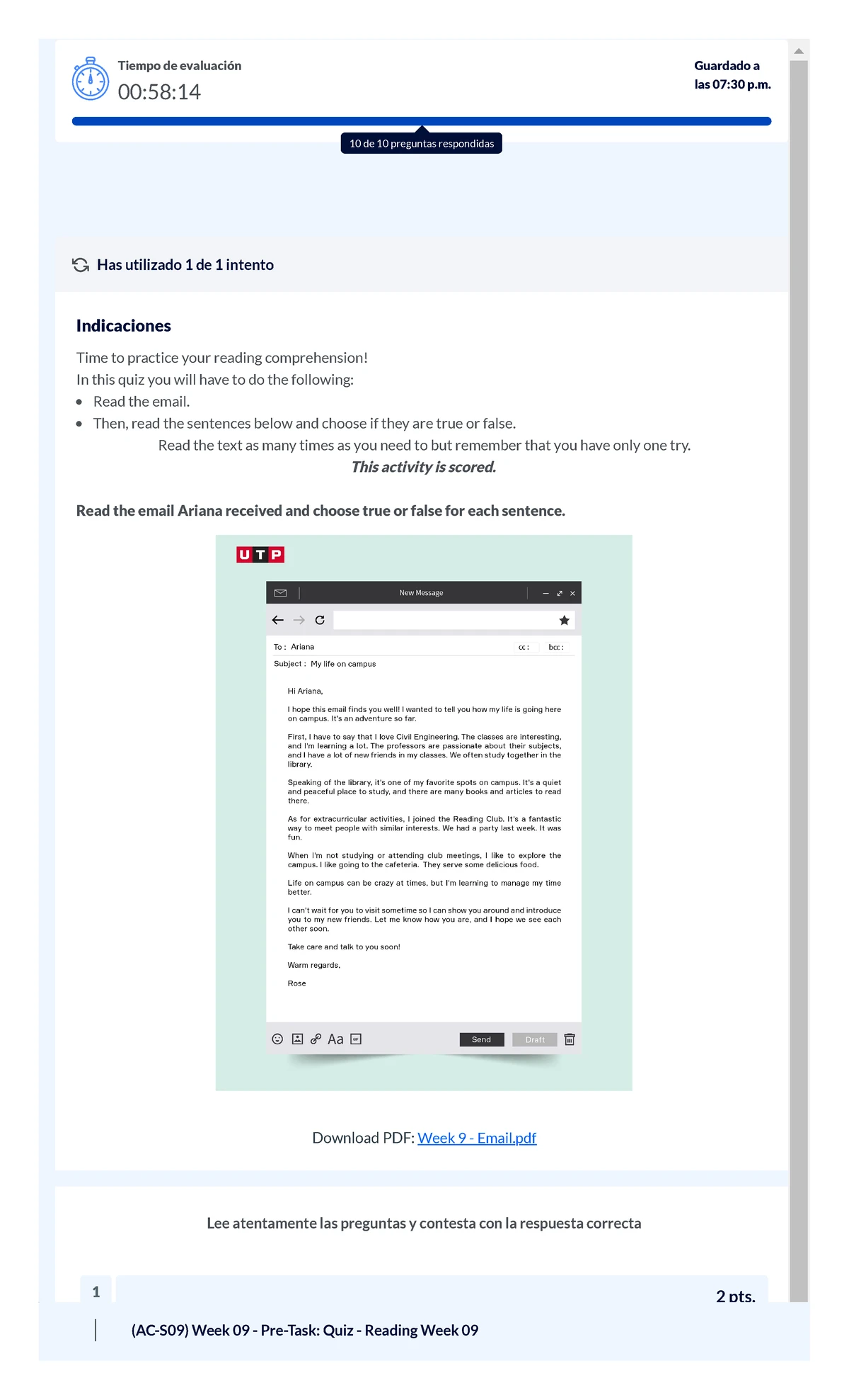 Week 10 Vocabulary Quiz: Pre-Task Assessment Insights - Studocu