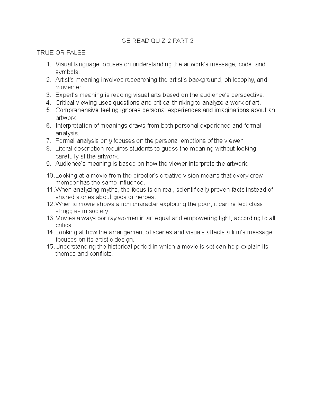 GE READ QUIZ 2: TRUE OR FALSE QUESTIONS ON VISUAL LANGUAGE - Studocu
