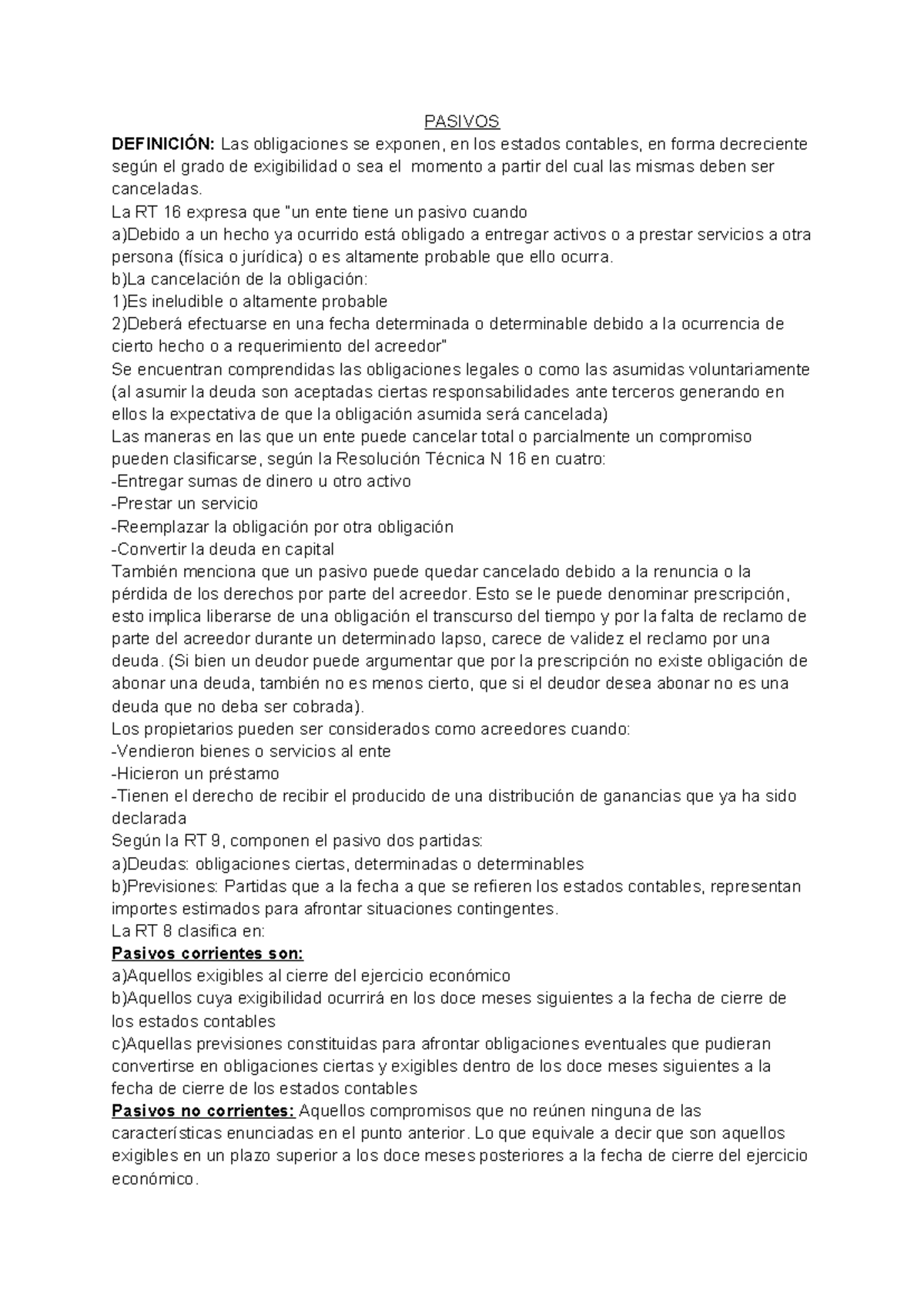Pasivos: Definición y Clasificación según RT 16 y RT 9 - Trabajos - Studocu