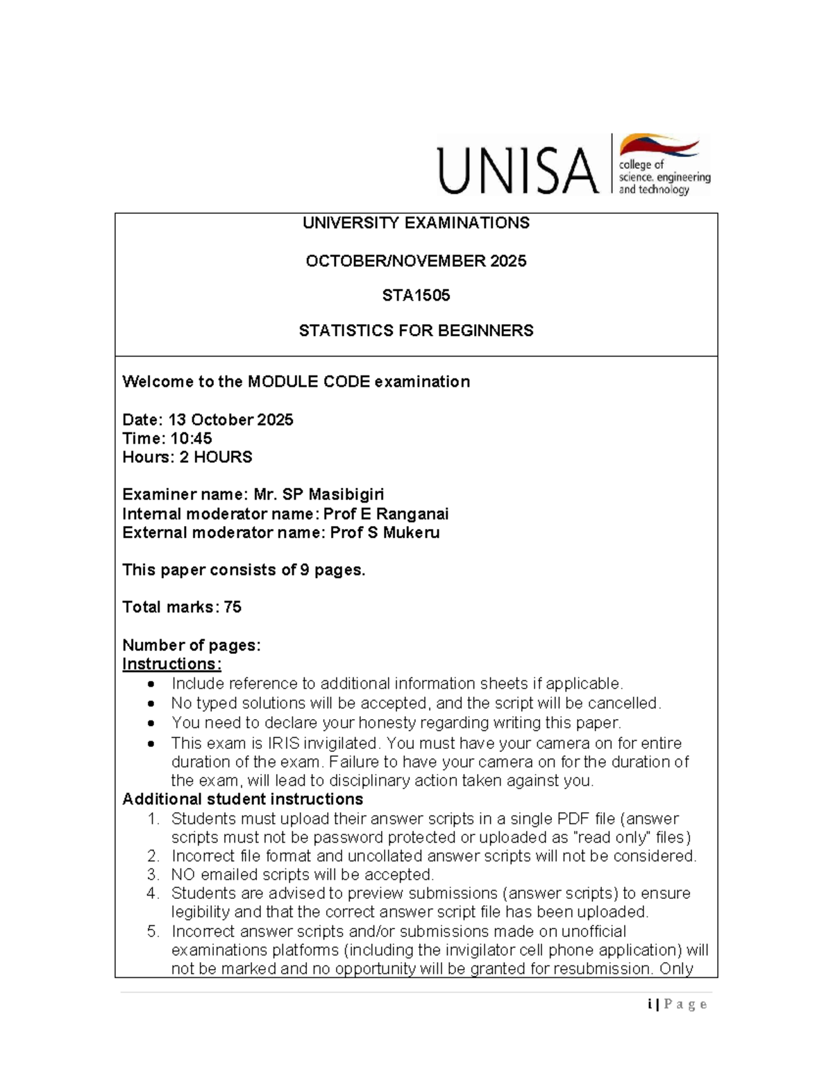 STA1505 Final Exam Guidelines and Sample Questions 2025 - Studocu