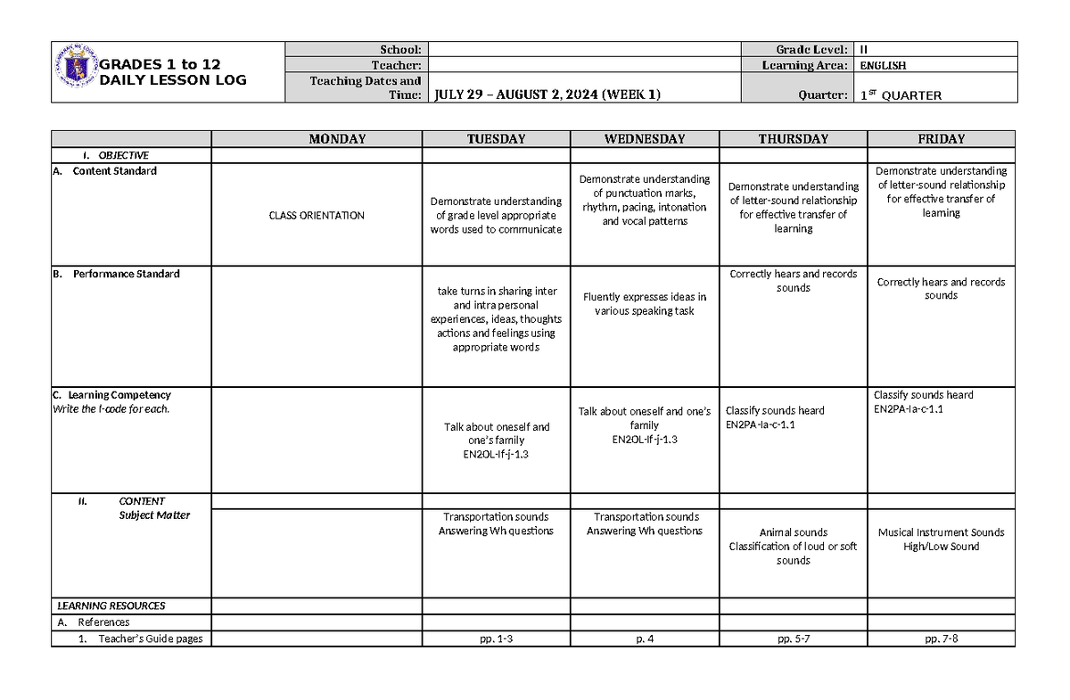 DLL English 2 Q1 W1 - Daily Lesson Log for Grade 2 - Studocu