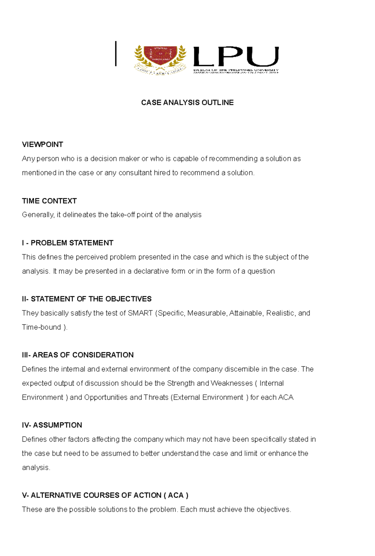 LPU CASE Study Guidelines - CASE ANALYSIS OUTLINE VIEWPOINT Any person ...