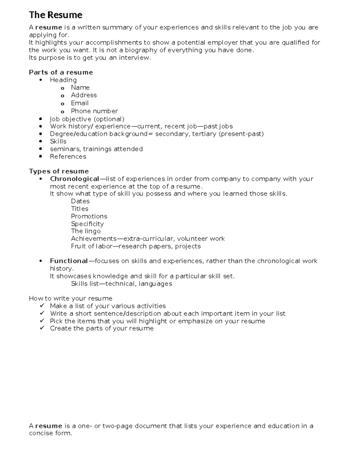 The resume handout F - Business letter writing Technical writing ...