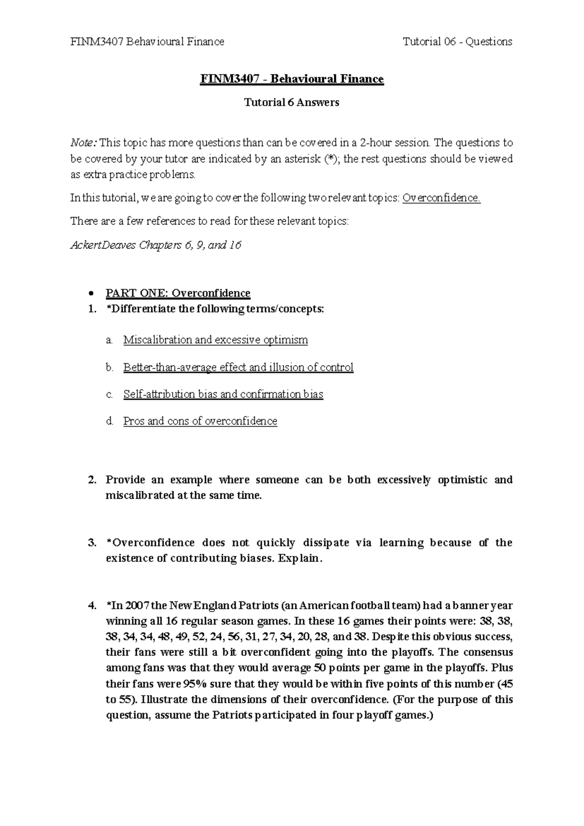 FINM3407 Behavioural Finance Tutorial 06: Questions & Answers - Studocu