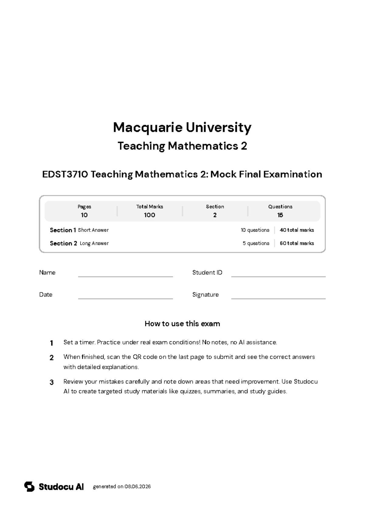 EDST3710 Teaching Mathematics 2: Mock Final Exam - Studocu