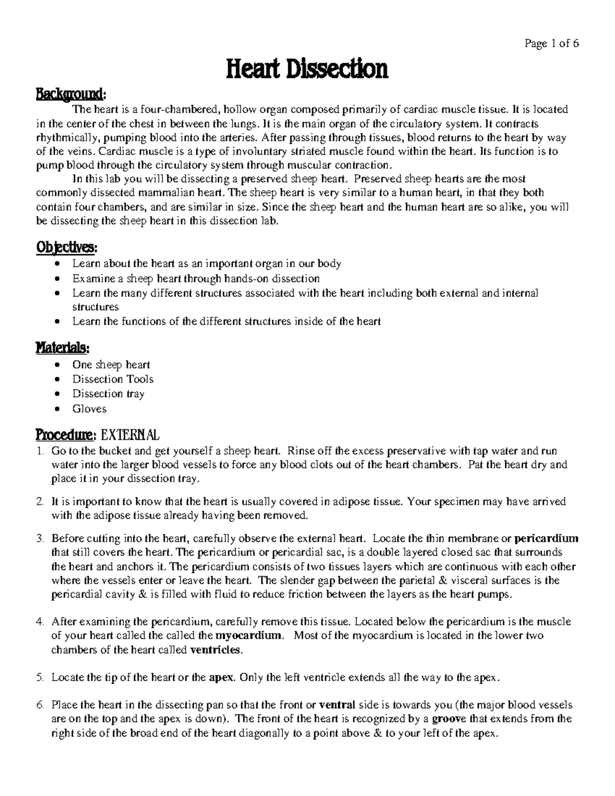 BIO 202 Lab 1: Heart Dissection Procedure & Student Worksheet - Studocu