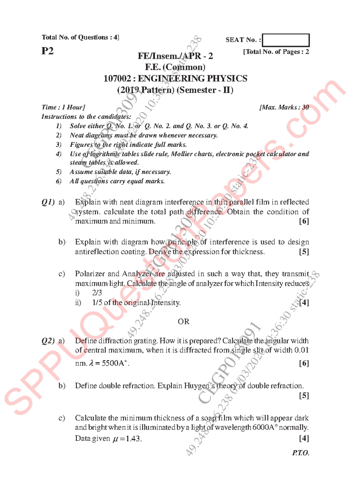 Be first-year-fe-engineering semester-1 2020 march engineering-physics-pattern-2019 - Total No ...