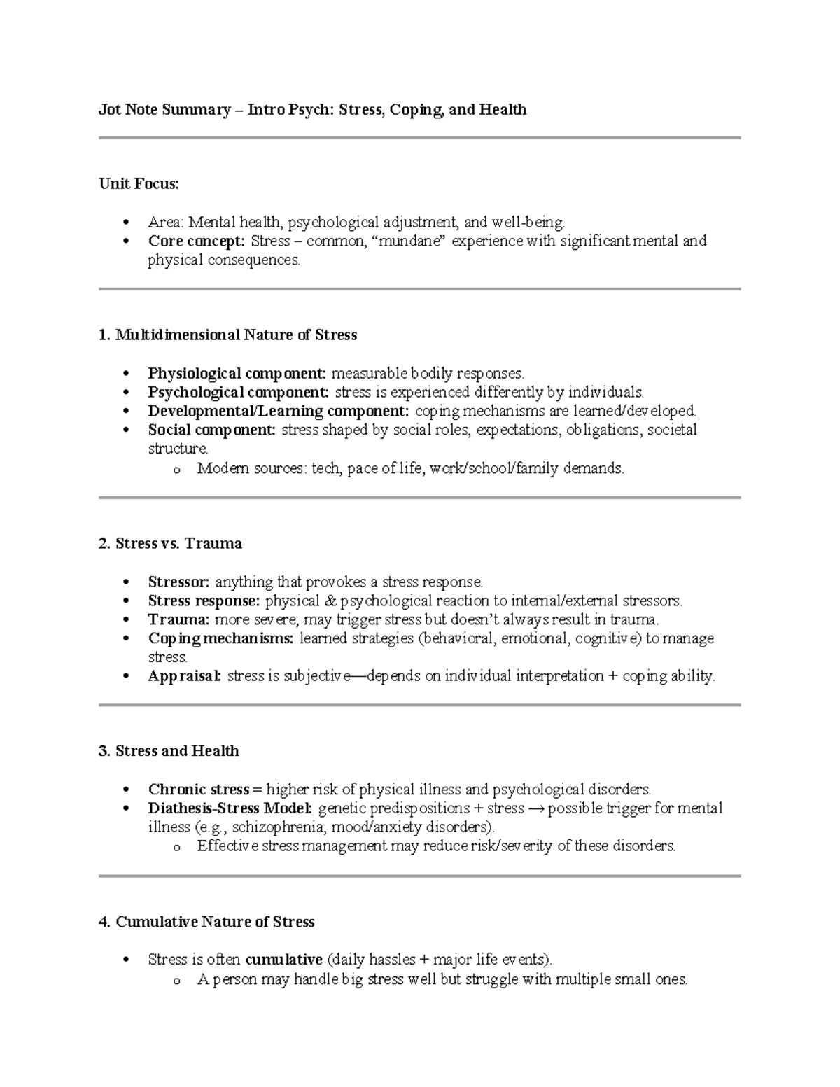 Jot Note Summary: Stress, Coping, and Health in Intro Psych (PSY101 ...