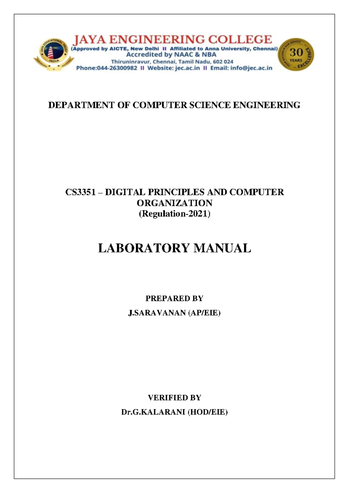 CS3351 Digital Principles & Computer Organization Lab Manual - Studocu