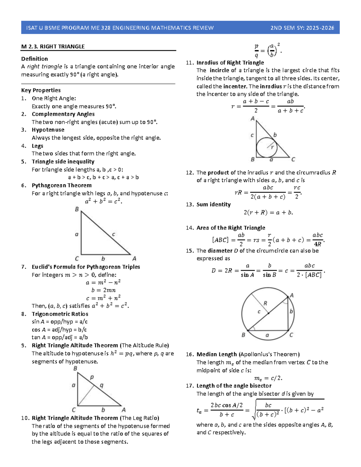 ME 328 Engineering Mathematics Review - Right Triangle Concepts - Studocu